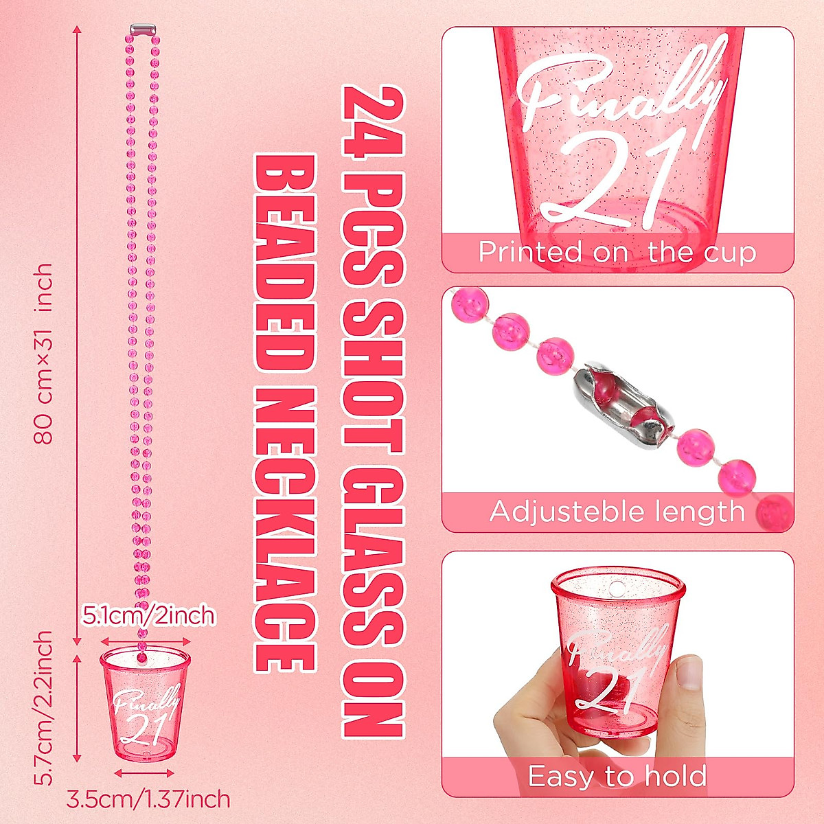 Bokon 24 Pcs 21st Birthday Shot Glass Finally 21 Birthday Shot Necklaces Cups Plastic 21st Shot Glass on Beaded Necklaces for Adults Party Supplies Favors Decorations(Hot Pink)