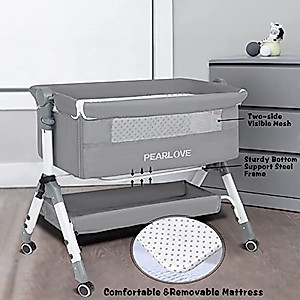 PEARLOVE Baby Bassinet Bedside Sleeper, Bedside Bassinet for Baby, Easy Folding Baby Crib with Storage Basket, Adjustable Height, Soft Mattress & Wheels, Bassinet Bedside Sleeper for Newborn Babies