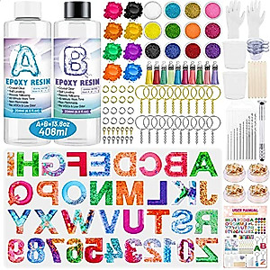 Thrilez Alphabet Resin Molds Kit with Alphabet Silicone Molds, Epoxy Resin, Mica Powder, Glitter, Foil Flakes, Tassels, Keychains, Jump Rings and Pin Vis for Resin Keychain Making