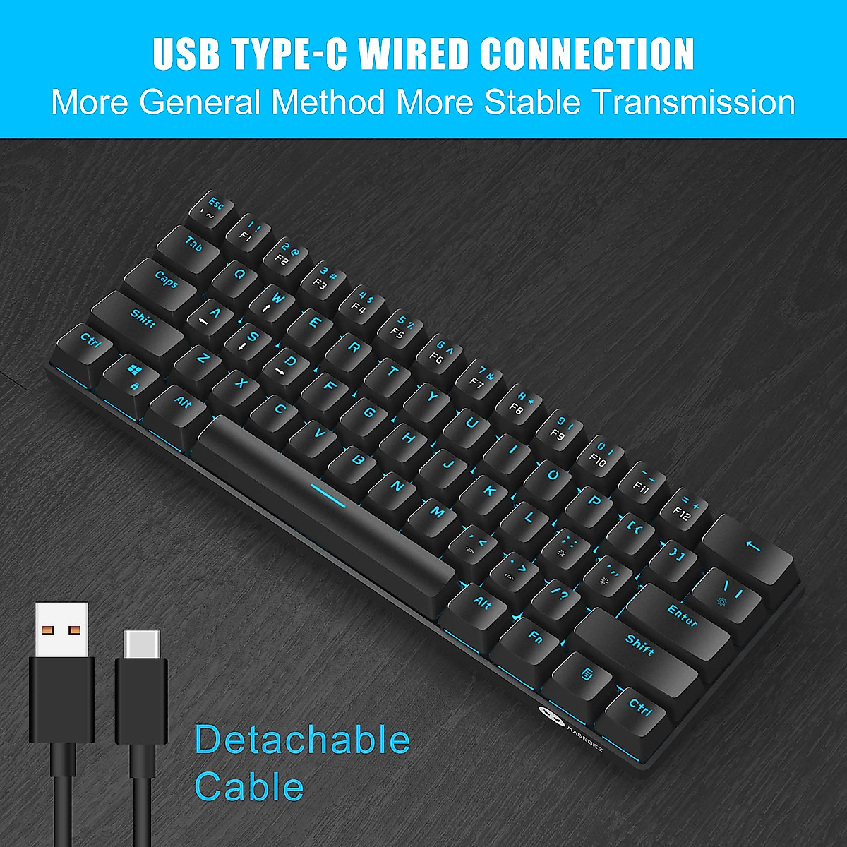 MageGee MK-Mini 60% Mechanical Gaming Keyboard, 61 Keys TKL Compact Gaming Keyboard with Blue Switches, Portable Blue LED Backlit USB Type-C Wired Office Keyboard for PC Laptop Computer, Black