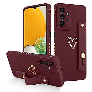 Fiyart Designed for Samsung Galaxy A13 4g 5g Case with Phone Stand Holder Cute Love Hearts Protective Camera Protection Cover with Wrist Strap for Women Girls for Galaxy A13 4G/5G-Wine Red