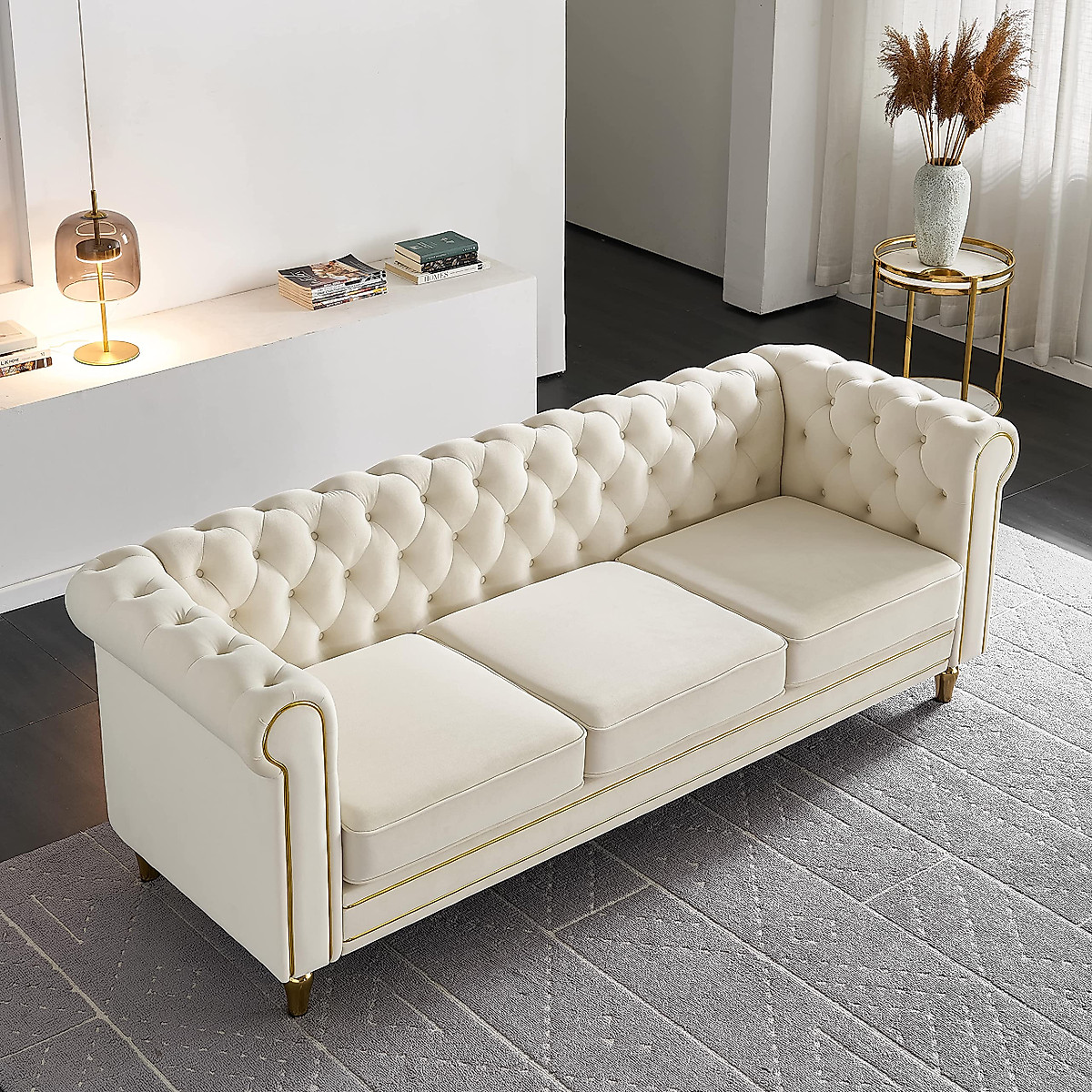 Yoglad Velvet Chesterfield Sofa, 84.65'' Mid Century Modern 3 Seater Couch with Round Arms and Metal Legs, Upholstered Sofa with Tufted Back for Living Room Bedroom (Beige)