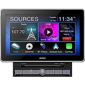 Jensen CAR8000 10.1" Extra Large Touchscreen CD/DVD Multimedia Receiver with Apple CarPlay and Android Auto l MP4 Video Playback l Built-in Bluetooth with A2DP Music Streaming and Phonebook Support