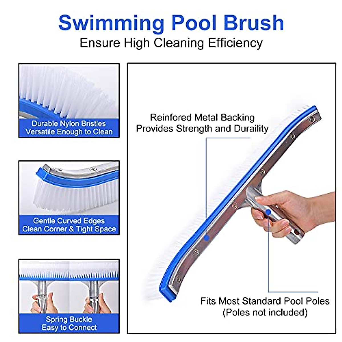 Swimming Pool Brush with Pool Skimmer Net Kit,17.5" Aluminum Pool Cleaning Brush with Nylon Pool Bristles, Heavy Duty Pool Fine Mesh Frame Net, Pool Cleaner Supplies(Pole not Included)