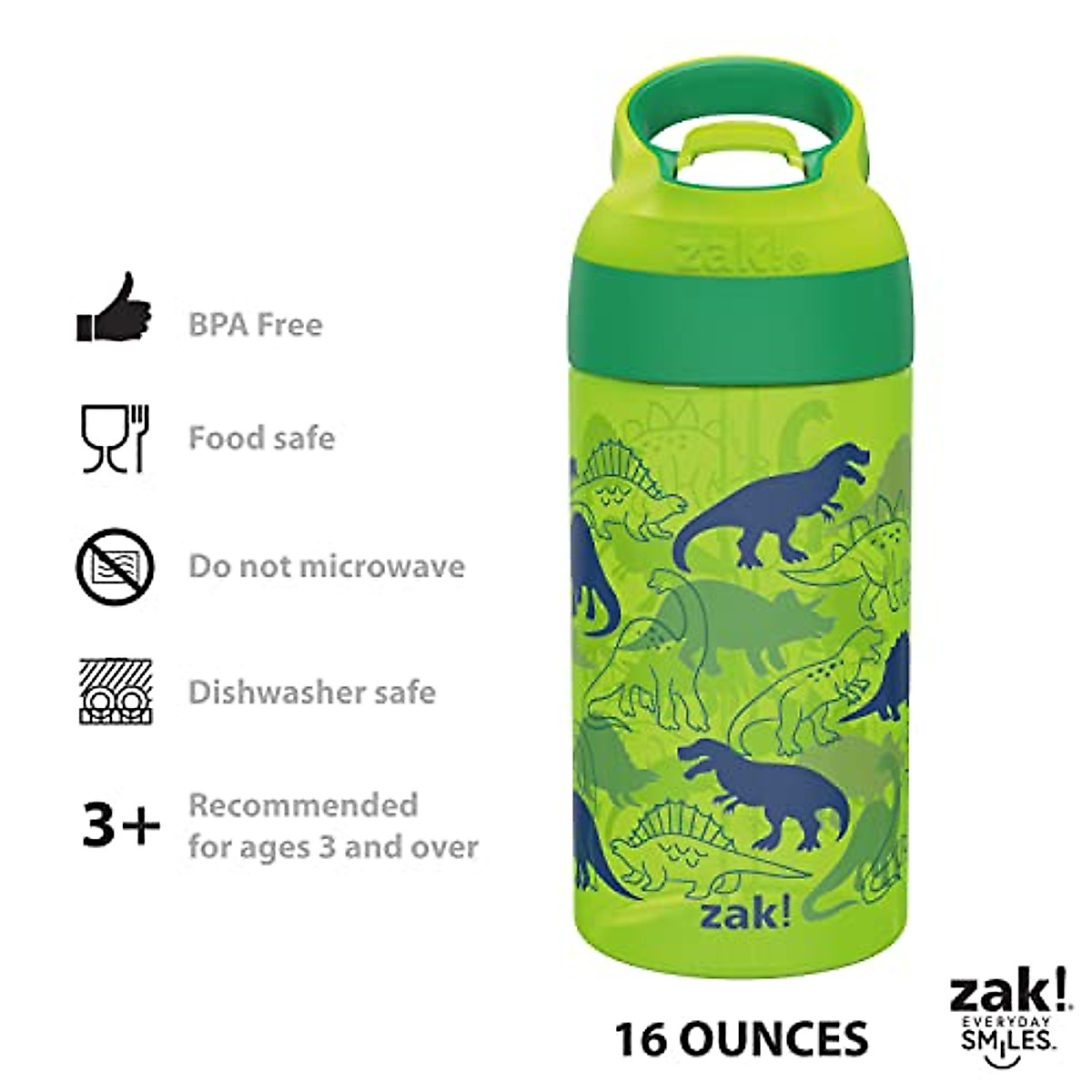 Zak Designs 16oz Riverside Kids Water Bottle with Spout Cover and Built-in Carrying Loop, Made of Durable Plastic, Leak-Proof Water Bottle Design for Travel (Unicorn & Dino Camo, Pack of 2)