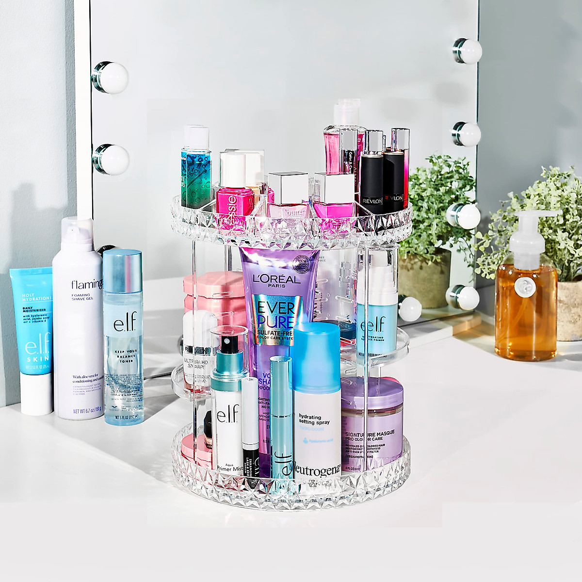 Sorbus 360 Rotating Makeup Organizer - Spinning cosmetics organizer, Adjustable Shelves for Make Up, Perfume & Toiletries - Acrylic Makeup Organizer for Vanity, Bathroom, Bedroom, Closet [Clear]