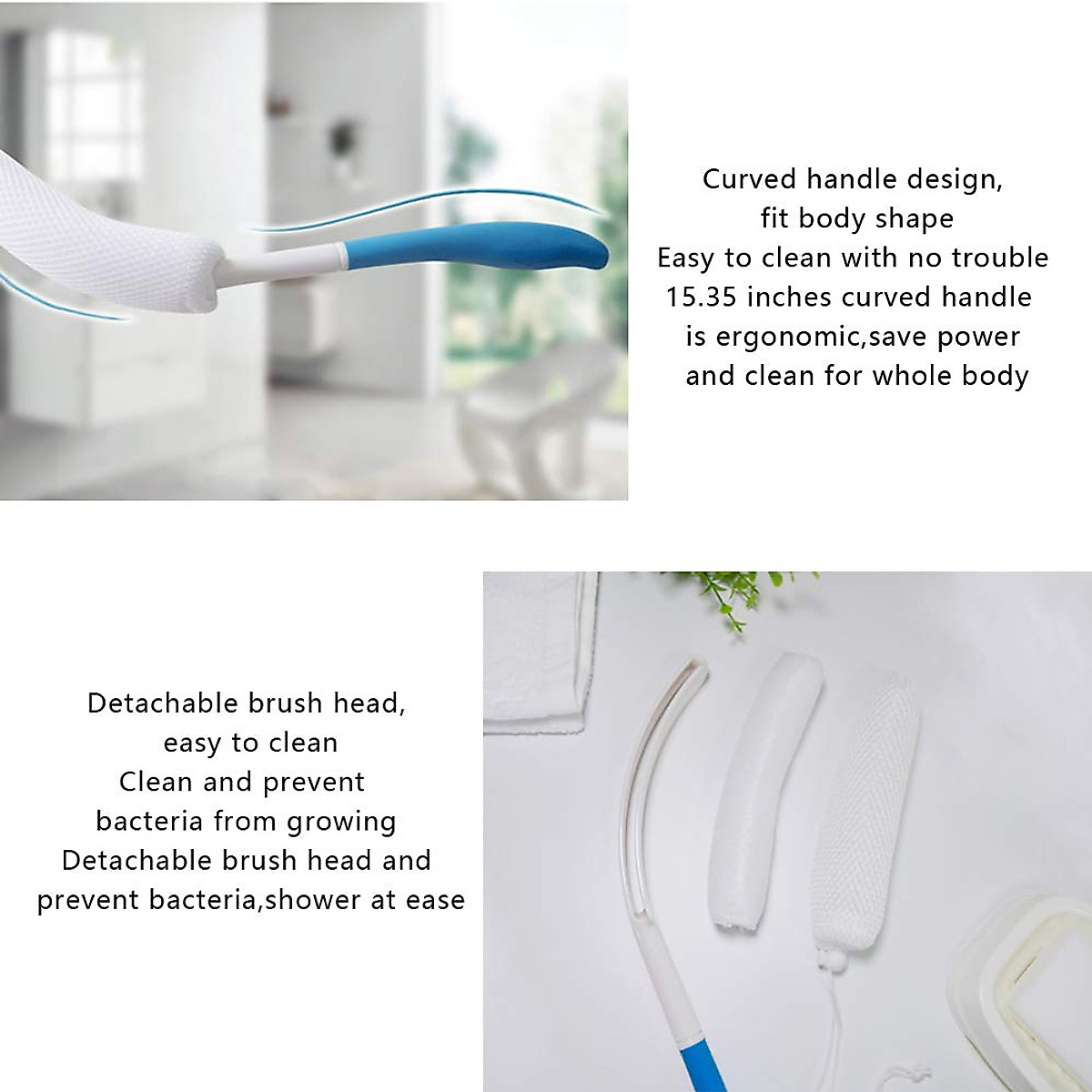 MagiDeal Vinyl Quote Me Long Anti-Slip Curve Handled Bath Body Brush, Easy Reach for Seniors, Suitable for Elderly/Pregnant Aid Bathing & Shower, Blue, 15.35"