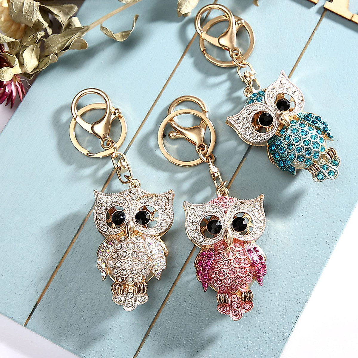 AMNGYOOK Owl Keychains, Cute Owl Shape Key Chain Crystal Rhinestone Animal Key Ring For Bag Wallet Purse Handbags Cars Key (Blue)