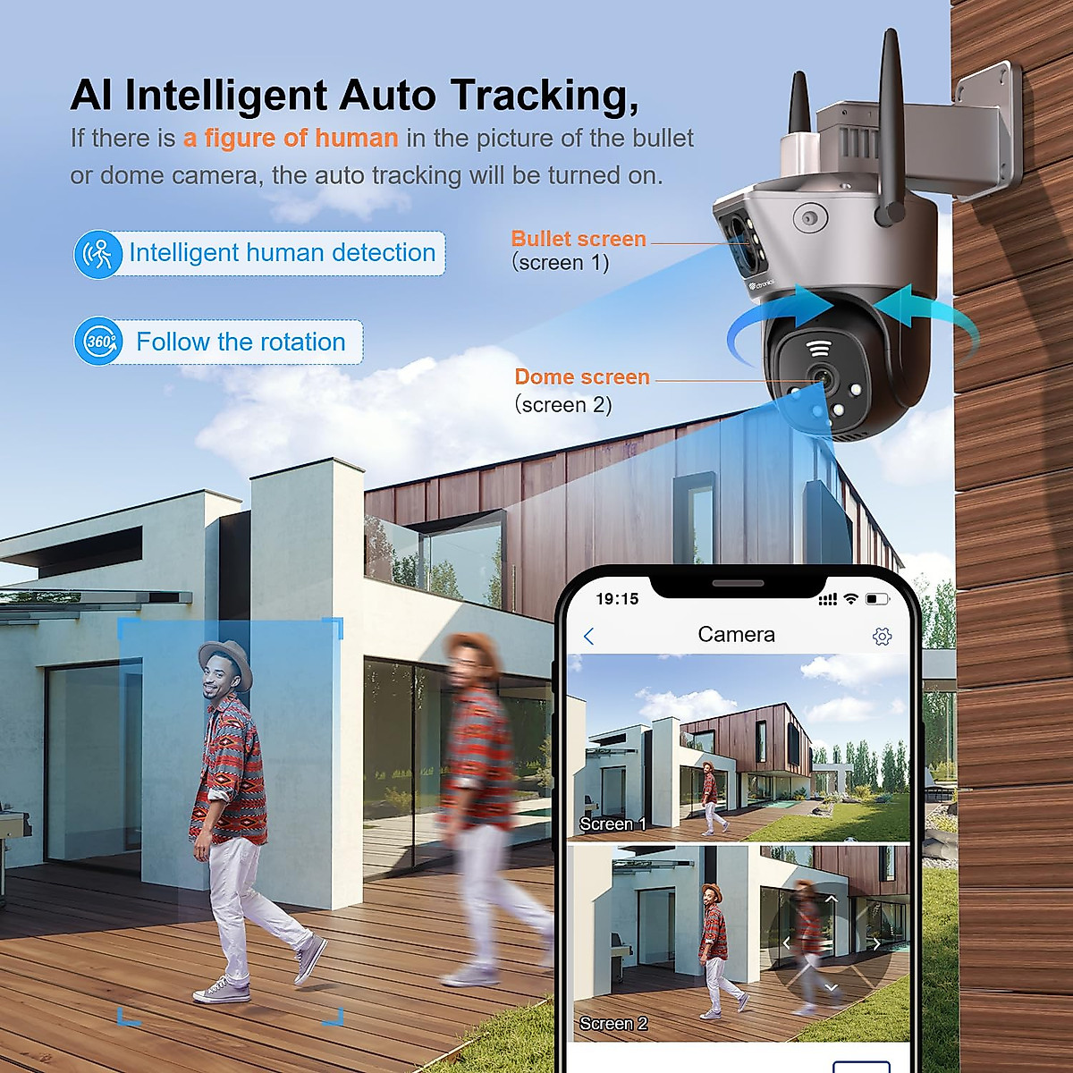 【Dual Lens Linkage】Ctronics Security Camera Outdoor, 2,4/5GHz WiFi Wired PTZ Dual Screen Camera 1080P with Auto Tracking Human Detection 30m Color Night Vision Two-Way Audio IP66