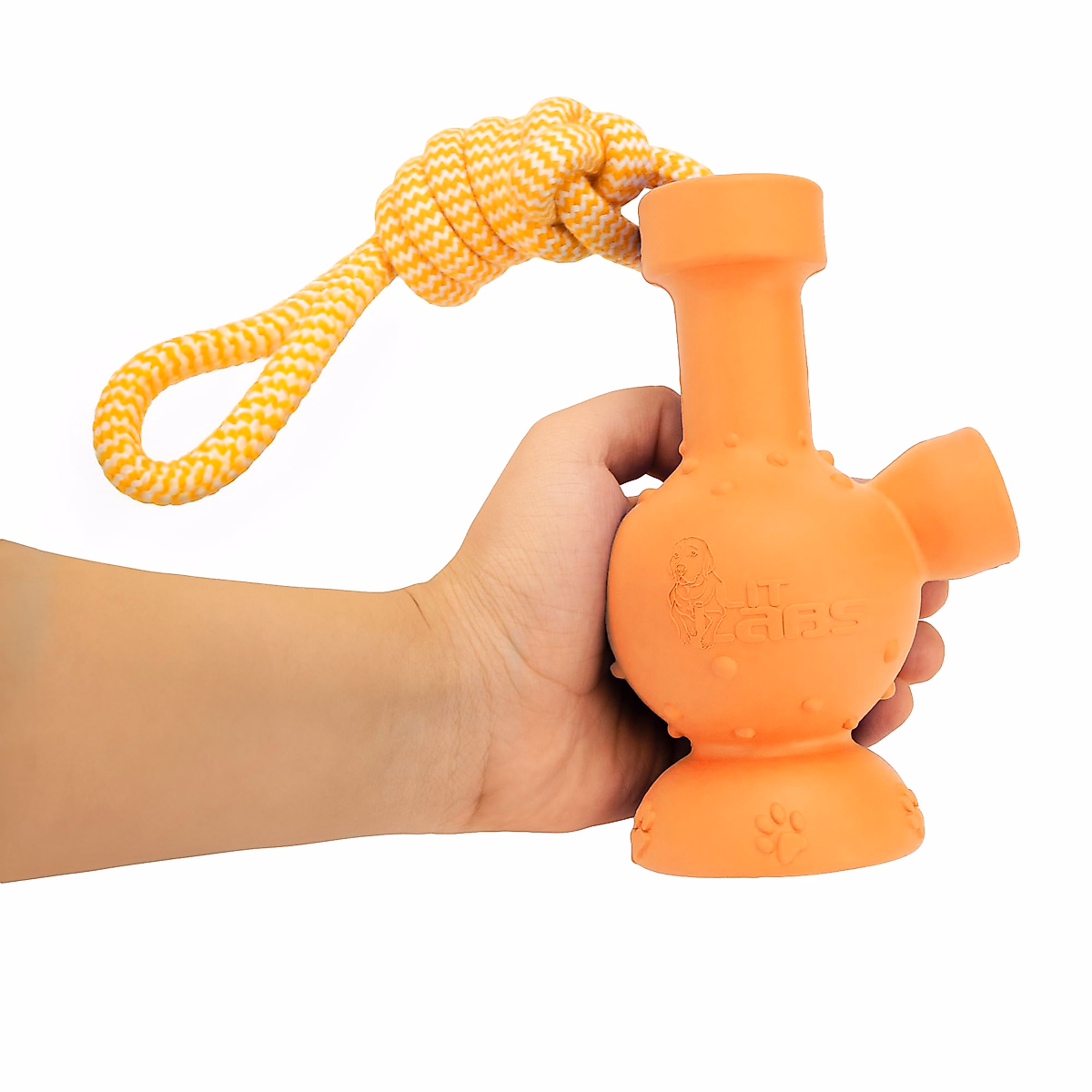 LIT LABS Funny Dog Toy Chew Rubber Tug-A-War Dog Toy - Built for Sized Medium to Large Dogs - Ideal Gift for Dog Birthday - Orange Body with Yellow Rope