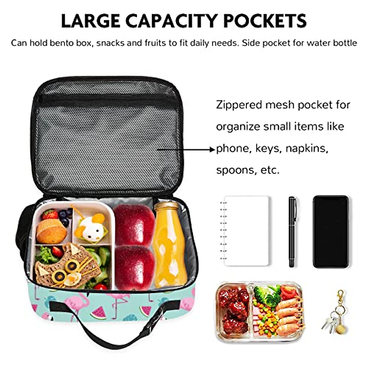 Insulated Lunch Box for Women Men, Large Capacity Reusable Lunch Bag with Front Pocket and Side Pocket, Meal Prep Cooler Tote for Work School Picnic Travel (Flamingo)