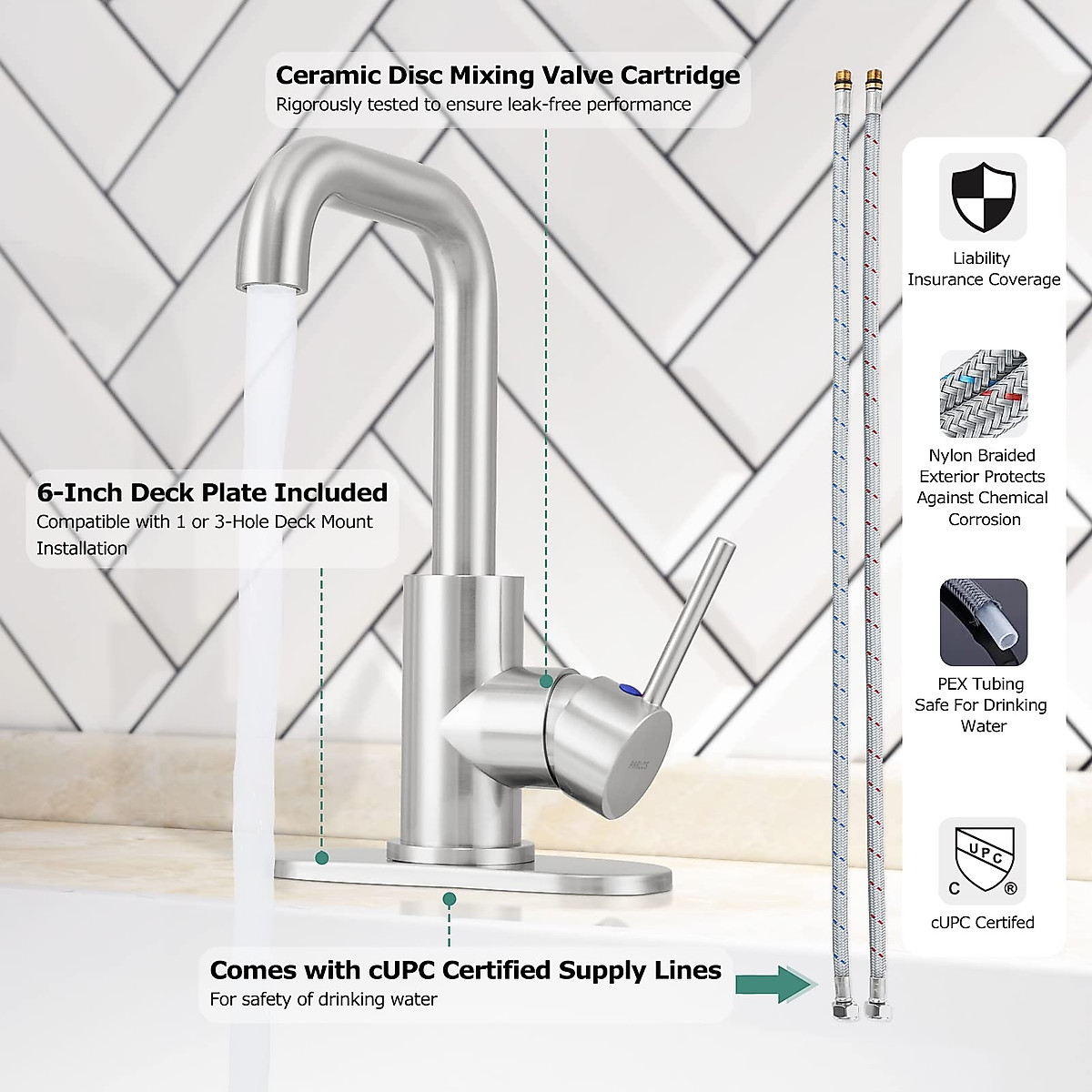 PARLOS Single Handle Wet Bar Faucet Swivel One Hole Kitchen Prep Sink Faucet with 6 inch Deck Plate, Brushed Nickel, 1440302PD