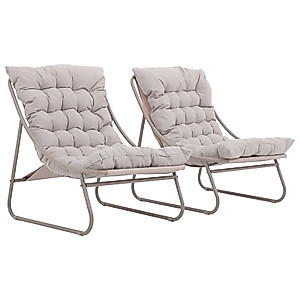 Olaterior Patio Lounge Chair Set of 2, Indoor Outdoor Comfy Chair, Sling Recliner Chair with Cushion, Modern Oversized Padded Lounge Chair, Patio Furniture Set for Balcony Porch Garden, Champagne