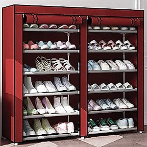 6 Tier Shoe Rack Organizer for 36 Pair Shoes, Double Rows 12 Lattices Free Standing Shoe Cabinet Storage Shelf Holder with Non-Woven Fabric Dustproof Cover,Large Portable Closet Shoe Tower (Wine Red)