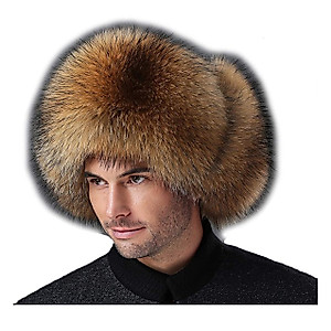 XUYUZUAU Mens Fox Hair Hat Winter Genuine Sheepskin Russian Ushanka Hats Natural Brown