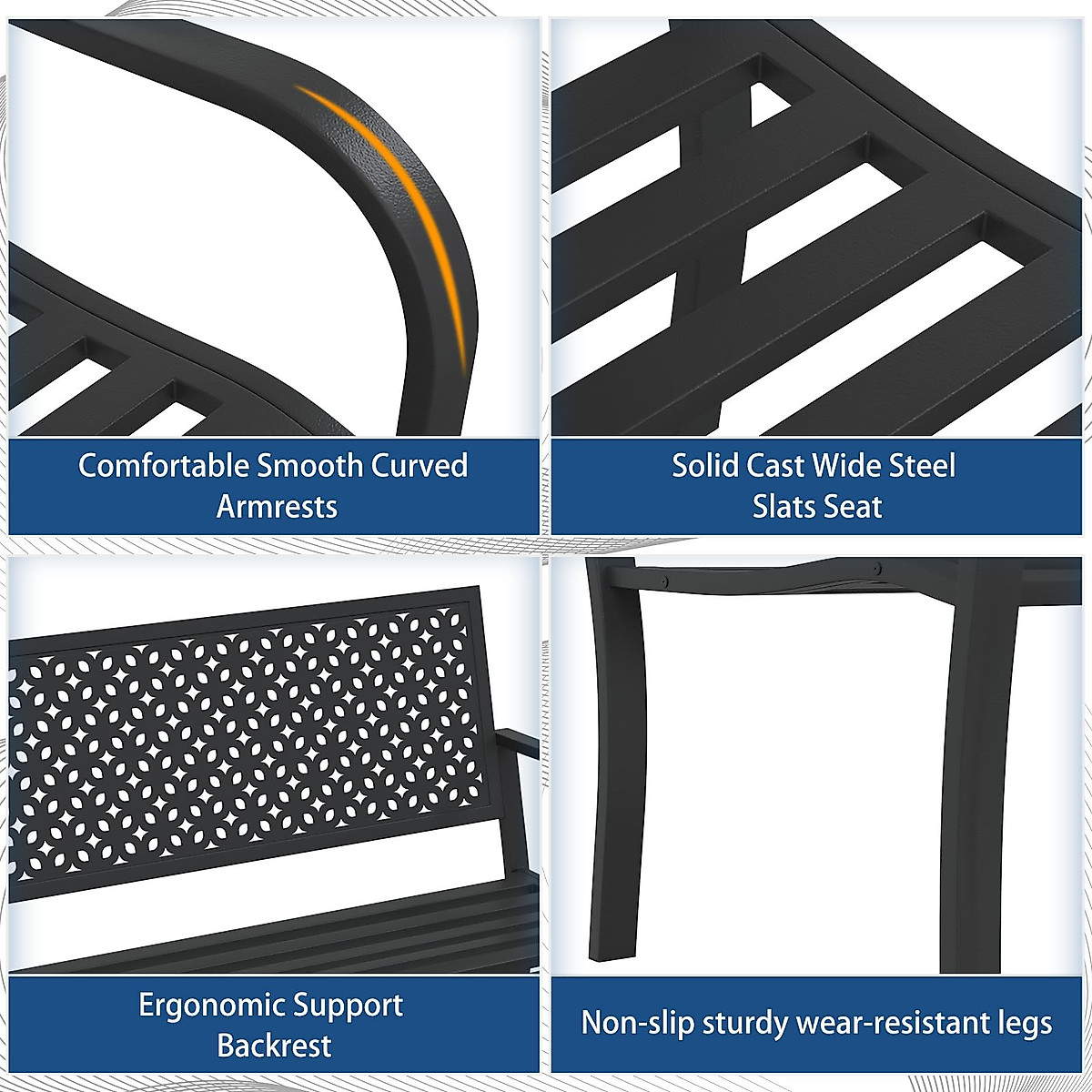 Maemttes 50 Inch Heavy-Duty Outdoor Bench, Metal Weatherproof Garden Bench with Decorative Backrest Anti-Rust Cast Iron Patio Bench for Park, Porch…