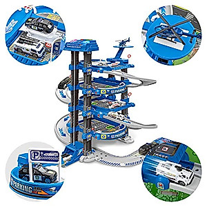 UNIH Kids Garage Toy Set, Toy Vehicle Garage for Toddlers, Race Car Ramp Track Toy, Parking Garage Playset Toy with Play Mat(Blue)