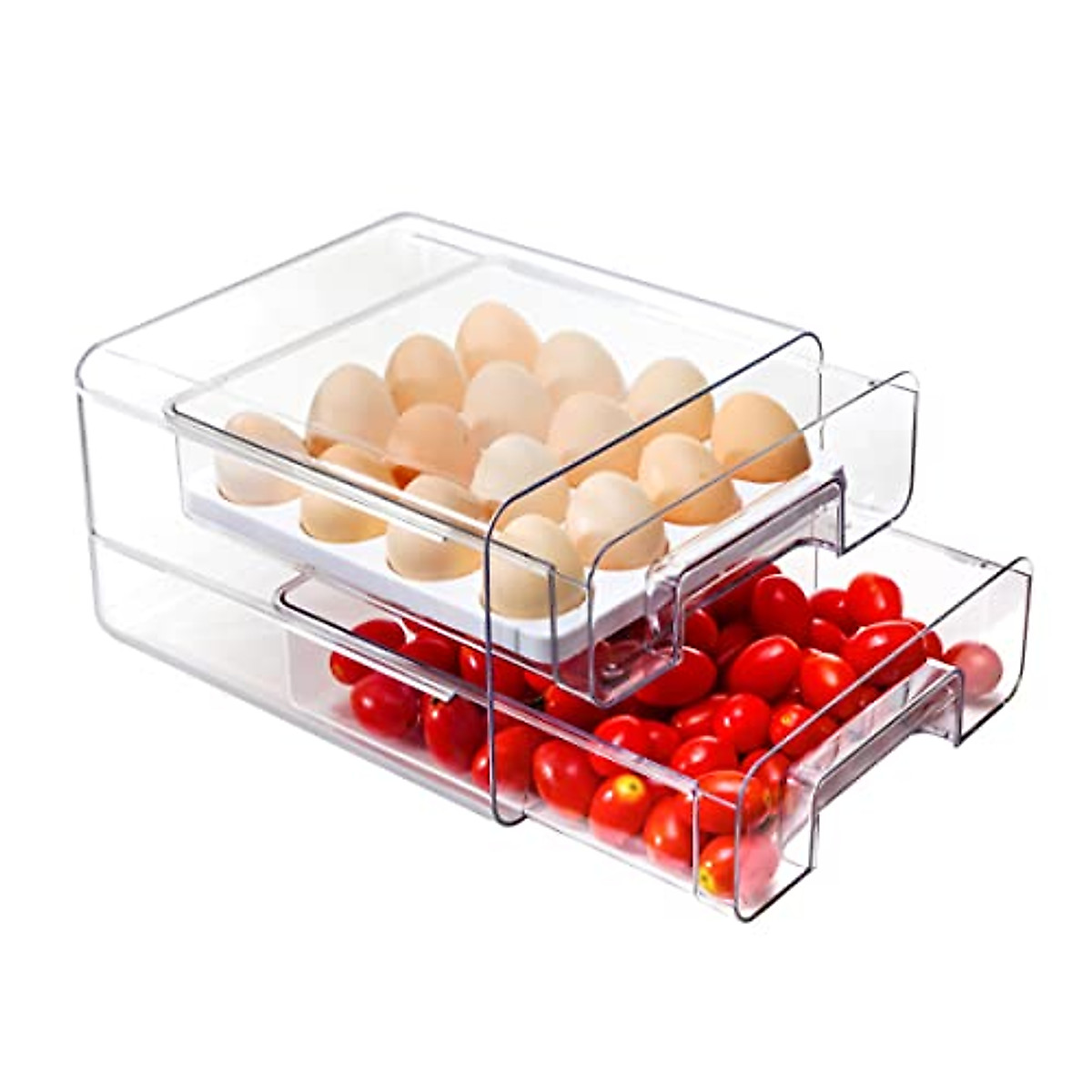 YouLike 1pack Stackable Refrigerator Organizer Drawer for Kitchen Clear Plastic Storage Bins 2-tiers Containers With Removeable Egg Racks 32grids Egg Holder Cabinet Office Pantry Pull Out Bins