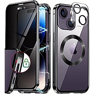 ESTPEAK [CD Loop+Safety Lock] Magnetic Case for iPhone 14 Case,[Privacy Screen with Camera Lens][Electroplating Metal Bumper] Double Sided 9H Glass Compatible with MagSafe Case for iPhone 14 Black