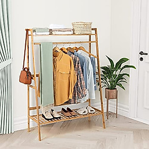 GOFLAME Bamboo Garment Rack, Heavy Duty Clothes Rack w/Top Shelf, Hanging Rod, Shoe Storage Shelf, Side Hooks, Freestanding Coat Rack, Clothing Storage Organizer for Bedroom Living Room