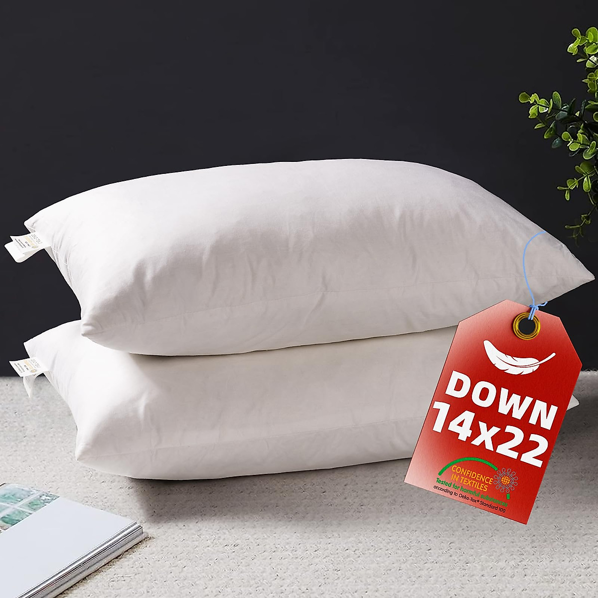 YSTHER Down Feather Throw Pillow Inserts 14x22 Set of 2 Firm Large Lumbar Pillows for Bed Decorative Couch Soft Pillows for Sleeping Indoor White Cotton Pillow Sofa Travel