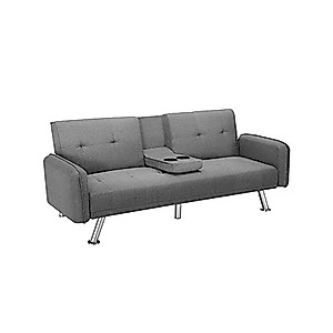 OYN Folding Modern Futon Sofa Loveseat Convertible Sleeper Couch Bed for Living Room Apartment Small Space Furniture Sets with 2 Cup Holders,Metal Legs, Removable Soft Square Armrest,Light Gray