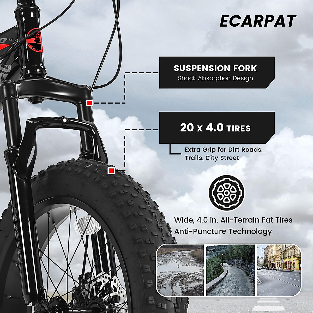 Elecony Ecarpat 20/24/26 Inch Fat Tire Mountain Bikes 7-Speed with Mechanical Disc Brakes Front Suspension, Mens Womens All Terrain Mountain Winter Snow Beach Bicycles