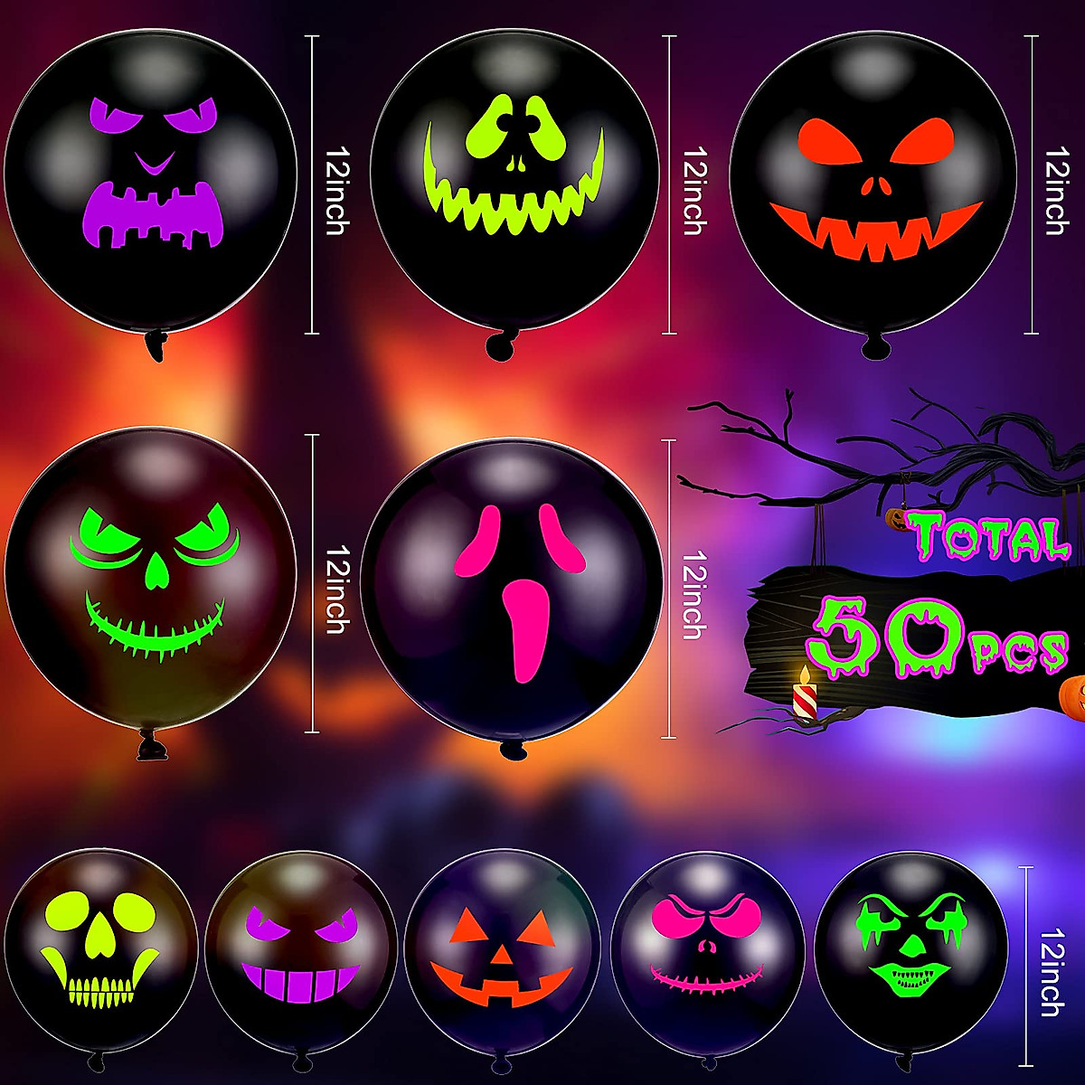 Halloween Balloons Decorations, 50 Pieces Halloween Neon Glow Ghost Balloons 12 Inch Black Light Reactive Fluorescent Latex Balloons Glow in the Dark Halloween Expression Balloons for Party Decoration