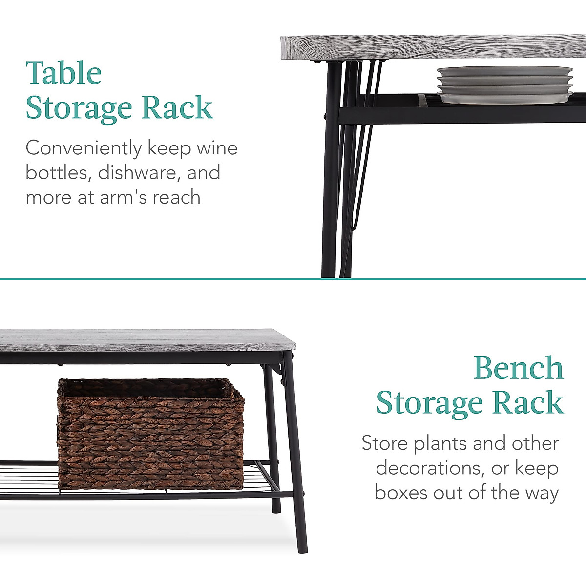 Best Choice Products 6-Piece 55in Modern Dining Set for Home, Kitchen, Dining Room w/Storage Racks, Rectangular Table, Bench, 4 Chairs, Steel Frame - Gray