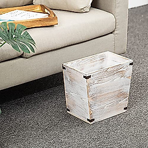 Grey Farmhouse Style Torched Wood Trash Can Waste Bin with Decorative Metal Brackets Trash Can for Bedroom,Living Room, Bathroom & Office (Washed White)