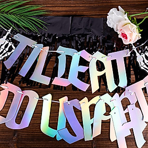 Til Death Do Us Party Banner with Fringe Garland, Halloween Banner Pre-Strung Bachelorette Party Garland Anniversary Party Decoration Sign for Bride Groom Wedding Backdrop (Black & Iridescent)