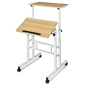 MoNiBloom Mobile Standing Desk with 2 Platforms Adjustable Computer Laptop Desk Home Office Workstation Rolling Table Cart for Standing or Sitting, Natural