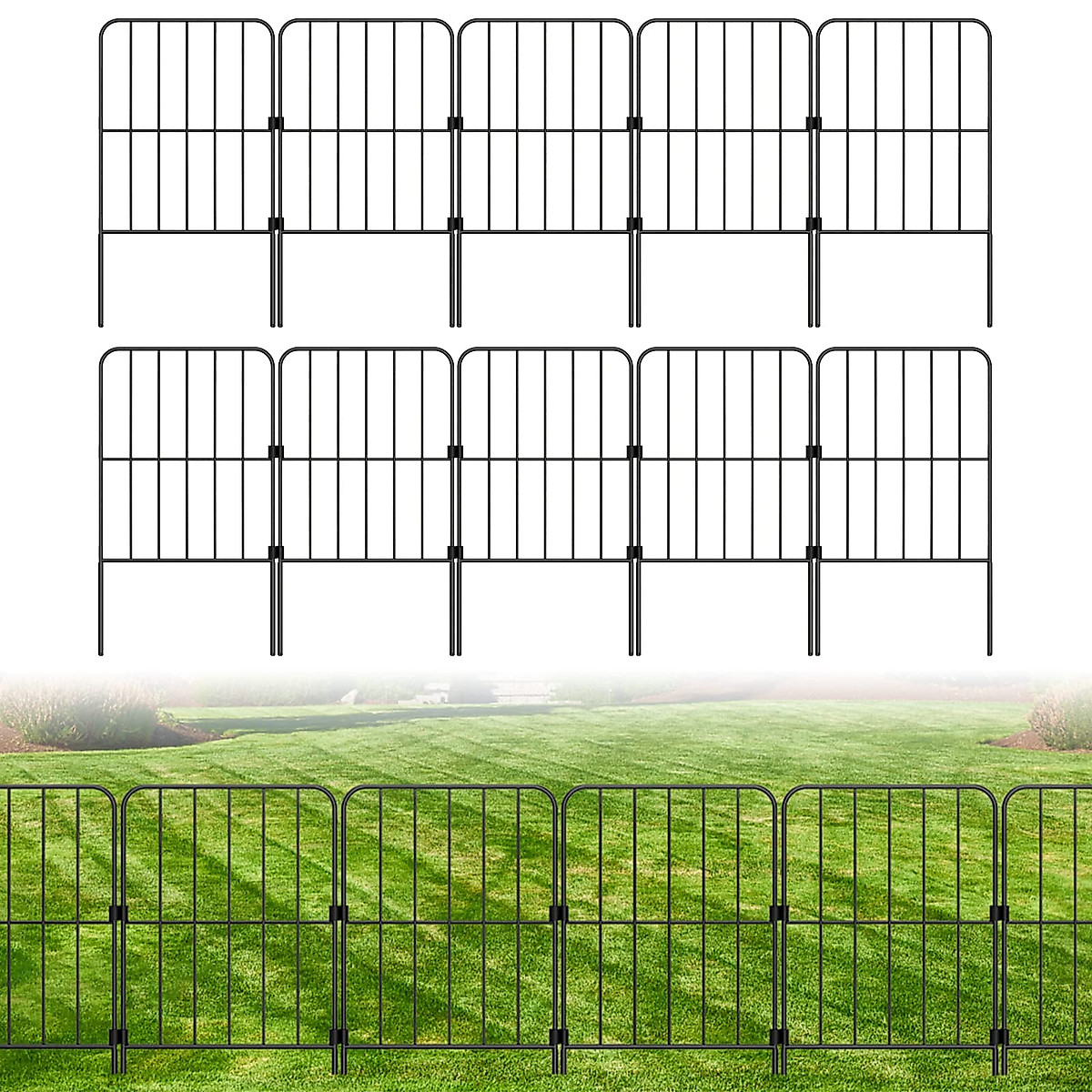 PINPON Decorative Garden Fence 10 Pack Animal Barrier Fence 10ft(L) x 24in(H) Rustproof Metal Wire Section Edging Fencing Panel for Outdoor Yard Landscape Patio, Square