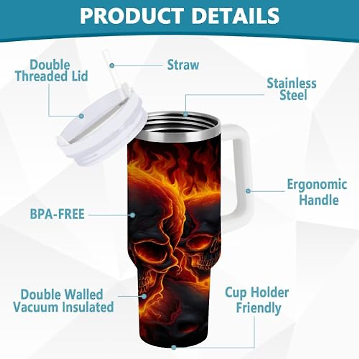 FLildon 40oz Tumbler with Handle and Straw Lid, Fire Skulls Insulated Coffee Mug Stainless Steel Water Bottle Leakproof Vacuum Travel Coffee Cup