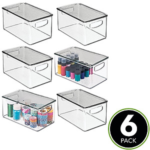 mDesign Plastic Deep Storage Organizer Bin Box with Lid/Built-in Handles for Crafting Supplies, Holder for Sewing, Crochet, Thread, Beads, Ribbon, Glitter, Ligne Collection, 6 Pack, Clear/Smoke Gray
