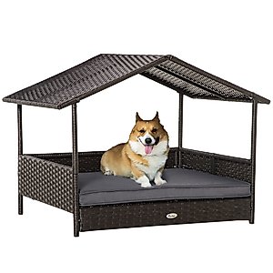 PawHut Wicker Dog House Outdoor with Canopy, Rattan Dog Bed with Water-Resistant Cushion, Raised Dog Bed for Small, Medium Dogs up to 66 lbs, 19.75" in Length, Brown Wicker, Gray Cushion