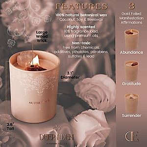 Luxury Crystal Candle for Women - Velvet Rose & Patchouli Scented Aromatherapy Candle - Manifestation Candle with Strawberry and Clear Quartz Crystals -7.4oz Natural Coconut, Soy Wax Wood Wick Candles