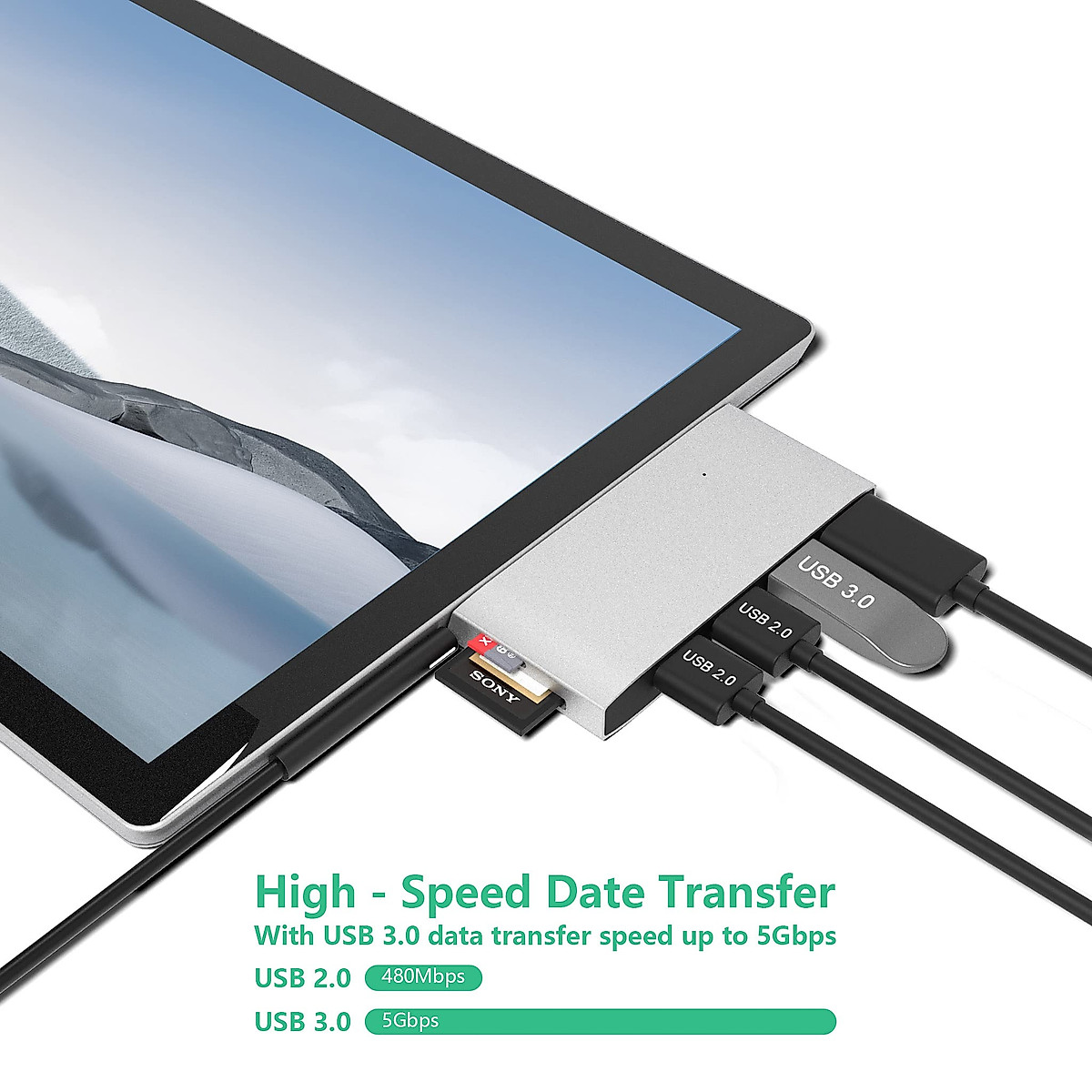 Surface Pro 4/5/6 USB Hub Docking Station, Surface Pro Hub Adapter with 1xUSB3.0 + 2X USB2.0 Ports, SD + TF Card Slot, 4K@30Hz HDMI Port Converter Accessories for Microsoft Surface Pro 6/5/4