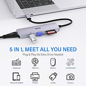 ICZI USB C Hub, 5 in 1 USB C Adapter with 4K HDMI, 2 USB-A 5Gbps Data Ports, SD/TF Card Reader, Thunderbolt 3 Compatible USB C Dongle for MacBook Pro/Air and More USB-C Devices
