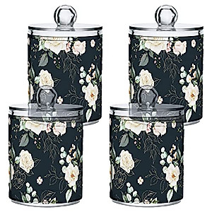 Gredecor 4 Pack Qtip Dispenser Apothecary Jars Bathroom Organizer, Romantic Pink Gold Flowers Black Qtip Holder Storage Canister Plastic Acrylic Jar for Cotton Ball/Swab/Rounds