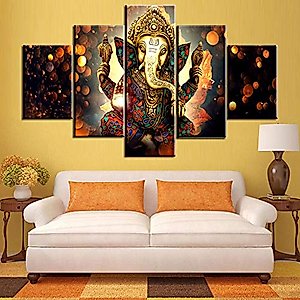 TUMOVO Ganesha Paintings House Decorations Living Room 5 Pieces/Panel Canvas Wall Art Lord Ganesha Pictures Posters and Prints,Modern Artwork Home Decor-with Wooden Frame Ready to Hang(60''Wx40''H)