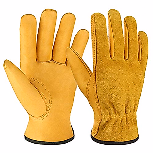 OZERO Leather Work Gloves Flex Grip Tough Cowhide Gardening Glove for Wood Cutting/Construction/Driving/Garden for Men and Women 1 Pair (Gold,Large)