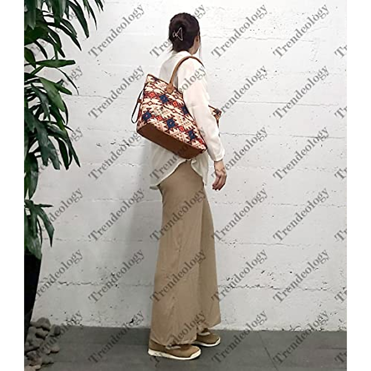 Boho Tassel Leaf Charm Aztec & Stripe Print Canvas Satchel Tote Handbag Purse (Extra Large 3 in 1 Tote - Red/Blue Pattern)