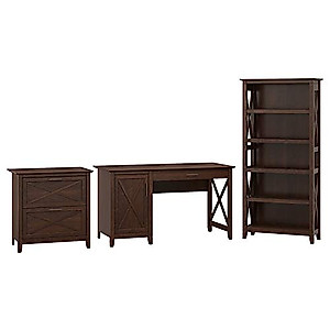 Bush Furniture Key West 54W Computer Desk with Storage, 2 Drawer Lateral File Cabinet and 5 Shelf Bookcase in Bing Cherry