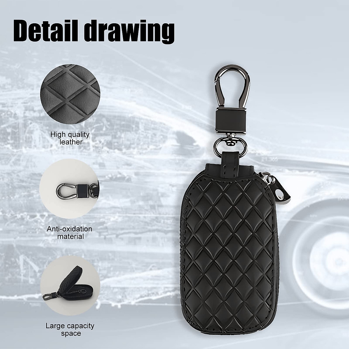 Car Key Case, Universal Key Fob Cover Case, Leather Car Key Smart Keychain Holder Anti Scratch Cover Protector with Zipper and Metal Hook(Black Plaid)