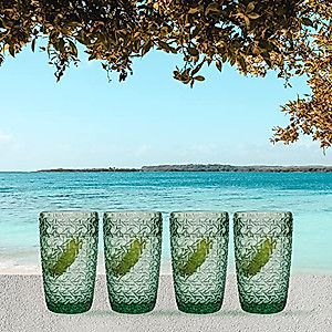 GYRUT Unique Green Drinking Glasses[Set of 4], 14oz Glass Cups for Water, Juice, and Ice Tea, Vintage Chic Glassware, Lead-free Crystal Highball Tumbler, Dishwasher Safety