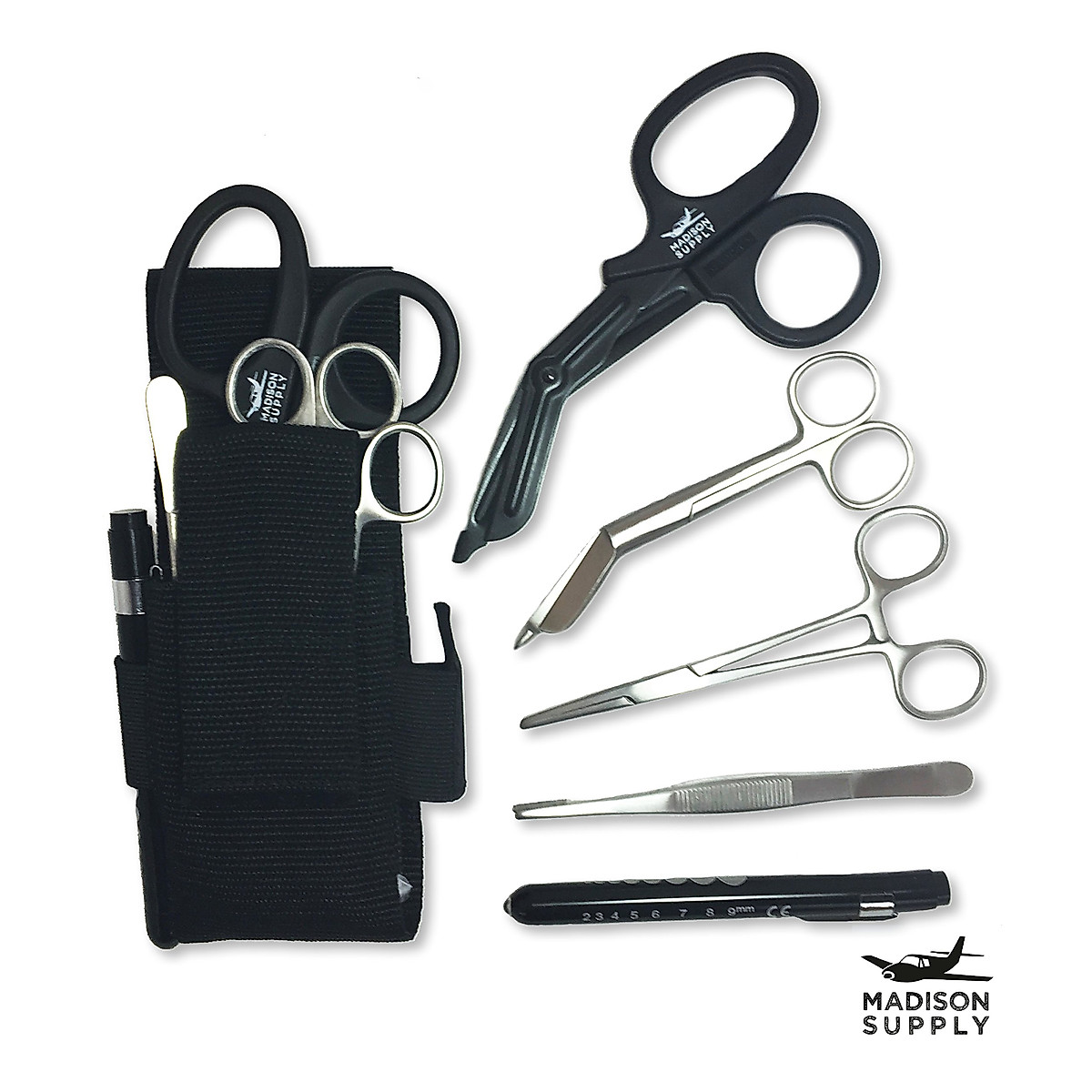 Madison Supply - EMT and First Responder Medical Tool Kit: Adjustable Nylon Belt Pouch, Premium First Aid Gear: EMT Shears, 5.75" Bandage Scissors, 5.75" Forceps, 6" Hemostat, and Pupil Light