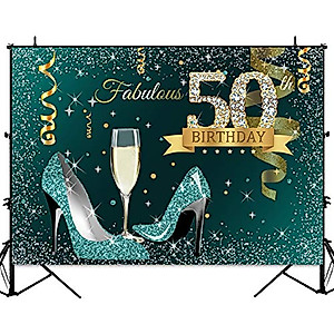 Sensfun Teal Gold Happy 50th Birthday Backdrop Glitter Silver Dots High Heels Champagne Glass Photography Background for Women Fabulous 50 Birthday Party Decorations Banner Photo Backdrops 7x5ft