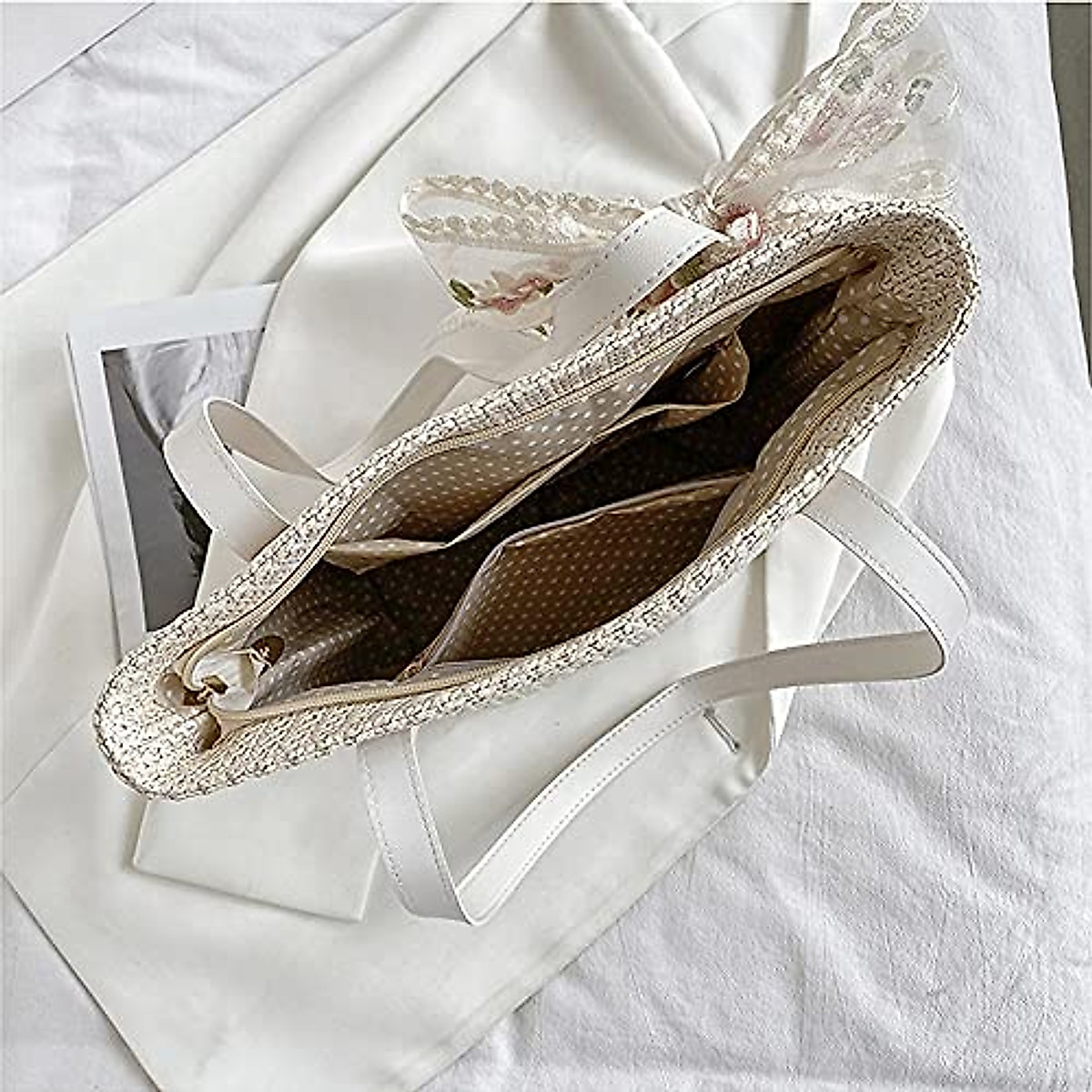 QTKJ Women Large Straw Beach Tote Bag Summer Hand-woven Bags Shoulder Bag Leather Handle Beach Handbags with Cute Lace Bow Small (White)