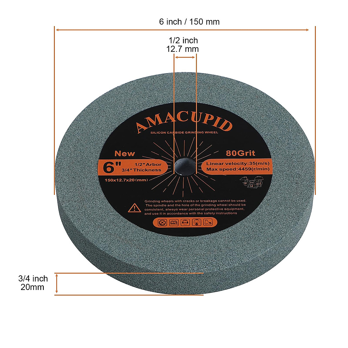 AmaCupid Bench Grinding Wheel 6 inch, for Sharpening Carbide Tools. Green Silicon Carbide Abrasive. 1/2 Inch Arbor, 3/4 inch Thickness,80 Grit